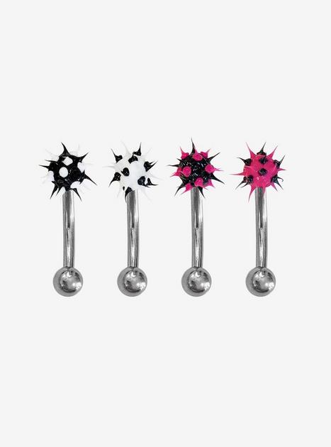 Steel Black White & Pink Spikey Ball Eyebrow Barbell 4 Pack | Hot Topic