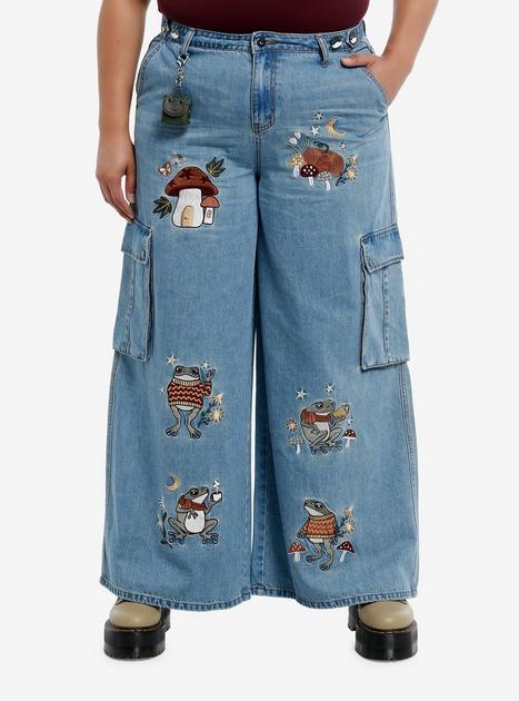 Light Indigo Frog Mushroom Embroidered Wide Leg Cargo Jeans Plus Size ...