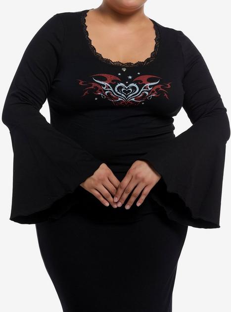 Black & Red Y2K Flame Heart Girls Bell Sleeve Top Plus Size | Hot Topic