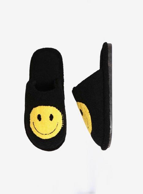 Happy Face Soft Fuzzy Slippers Black | Hot Topic