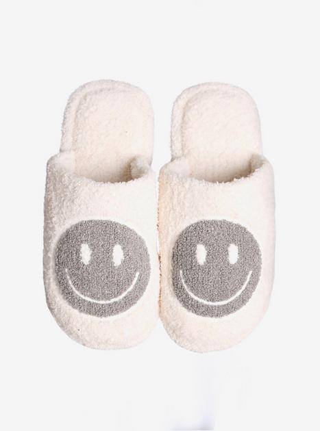 Happy Face Soft Fuzzy Slippers White | Hot Topic