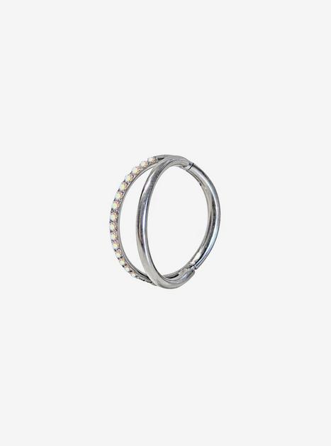 Steel Silver Iridescent Gem Double Hoop Hinged Clicker | Hot Topic