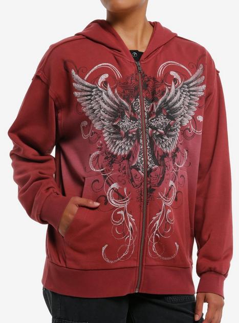 Winged Cross Washed Red Girls Hoodie | Hot Topic