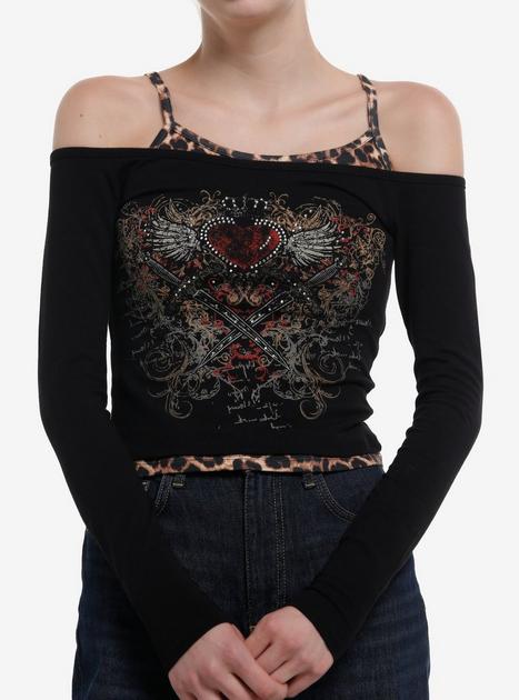 Black & Leopard Print Cami Winged Heart Girls Cold-Shoulder Long-Sleeve ...