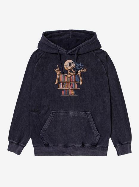 Skeleton Shelf Book Lover Mineral Wash Hoodie - BLACK | Hot Topic