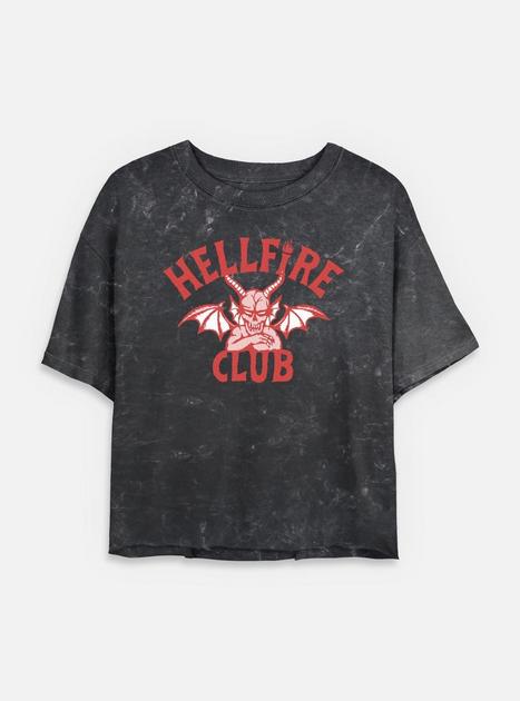 Stranger Things Devil Logo Hellfire Club Womens Mineral Wash Crop T ...