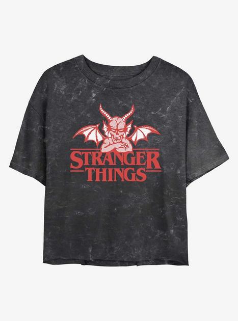 Stranger Things Devil Logo Girls Mineral Wash Crop T-Shirt - BLACK ...