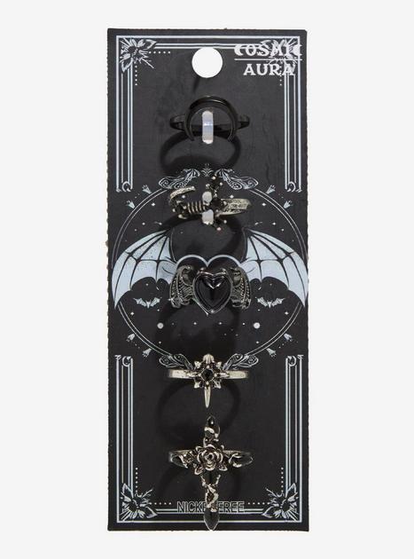 Cosmic Aura Gothic Cross Heart Moon Ring Set | Hot Topic