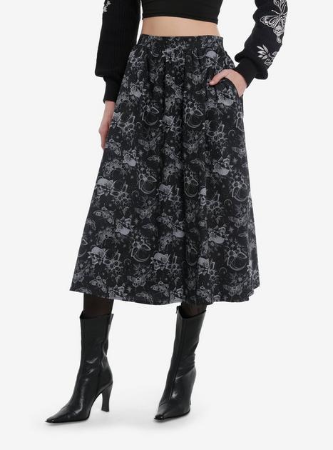 Cosmic Aura Moths & Skulls Flare Midi Skirt | Hot Topic