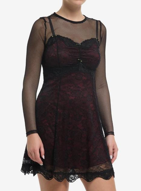 Black & Red Lace Twofer Long-Sleeve Dress | Hot Topic