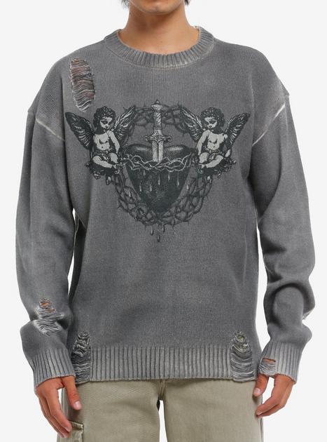 Sacred Heart & Cherubs Distressed Sweater | Hot Topic