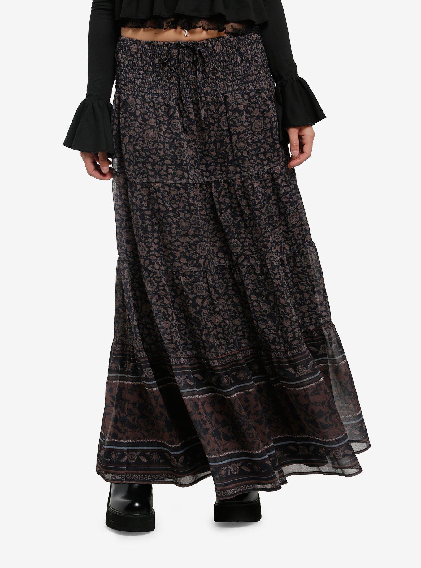 Thorn & Fable Brown Floral Tiered Maxi Skirt | Hot Topic