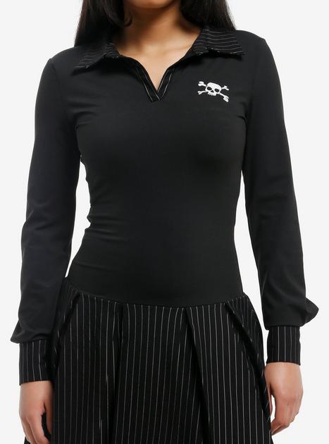 Skull & Crossbones Pinstripe Collared Long-Sleeve Dress | Hot Topic