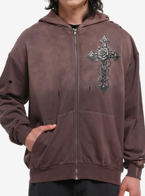 Gothic Cross Destructed Brown Hoodie | Hot Topic