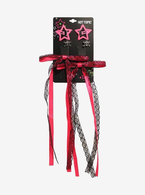 Neon Pink Punk Star Bow Hair Clip Set | Hot Topic