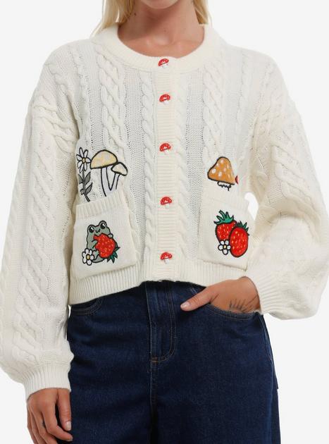 Thorn & Fable Frog Mushroom Cable Knit Girls Cardigan | Hot Topic