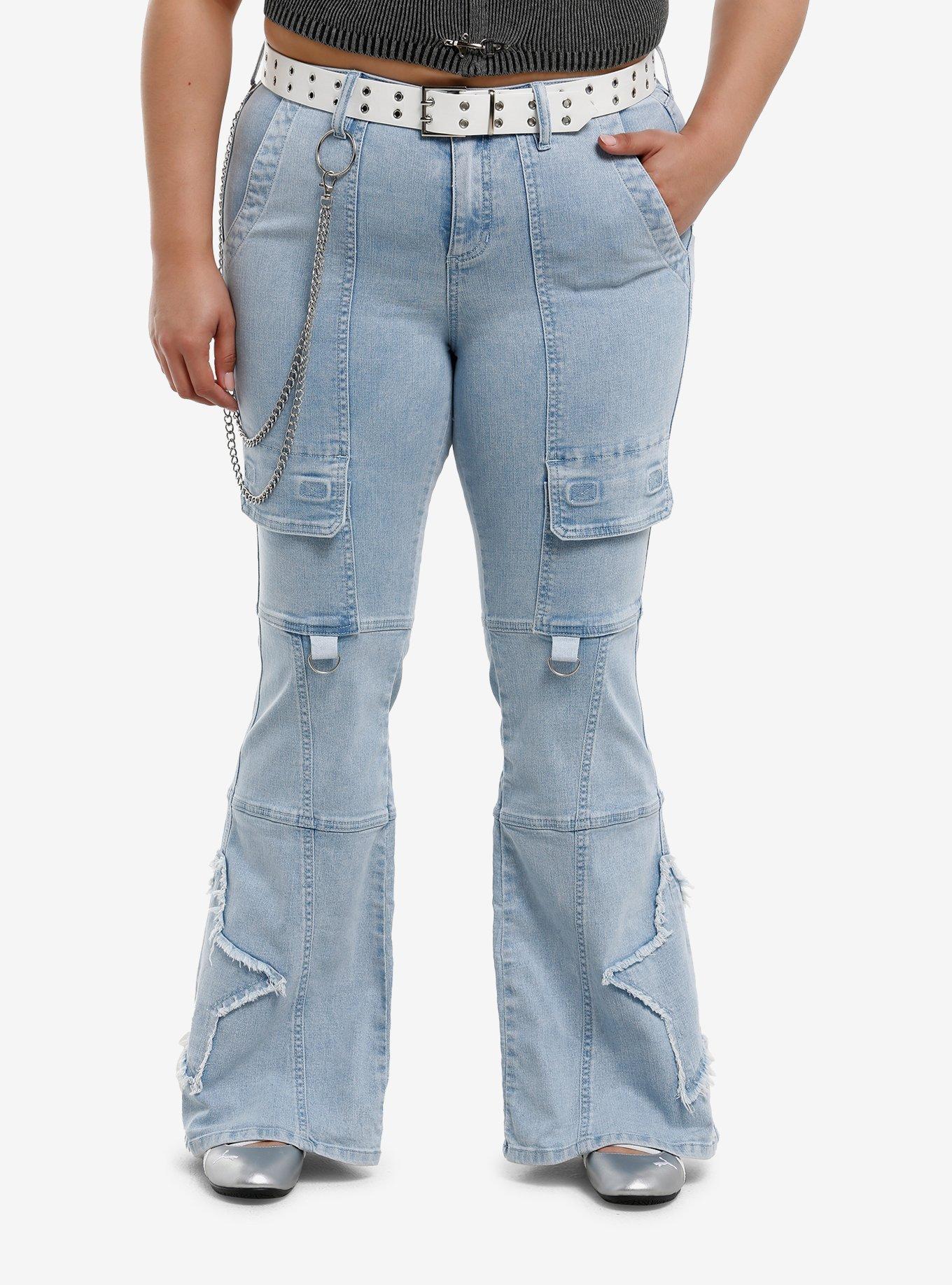 Social Collision Light Indigo Grommet Belt Flare Jeans Plus Size | Hot ...