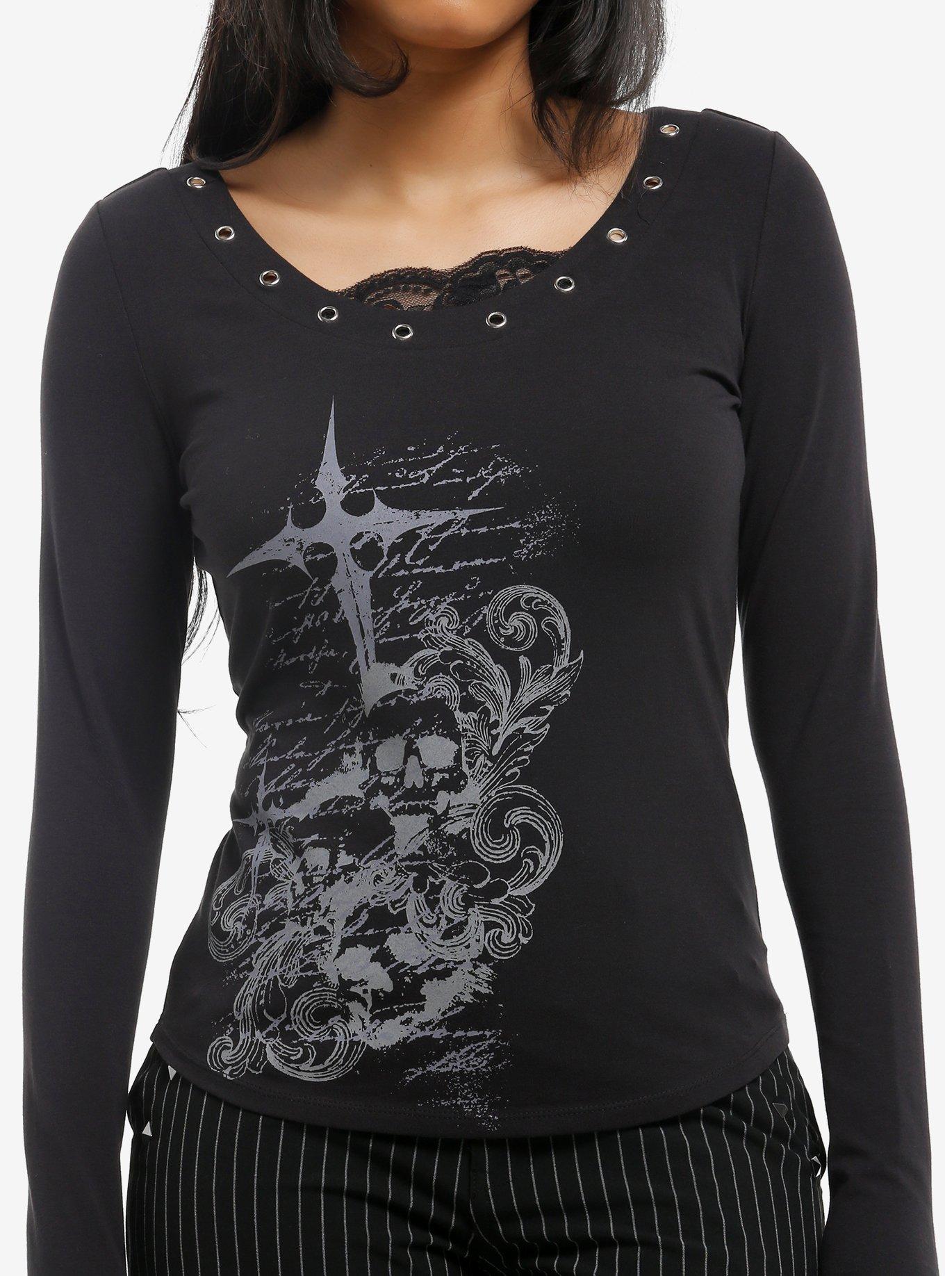 Black Skull Cross Grommet Long-Sleeve Top | Hot Topic
