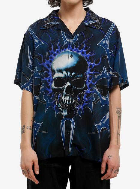 Blue Cyber Skull Woven Button-Up | Hot Topic
