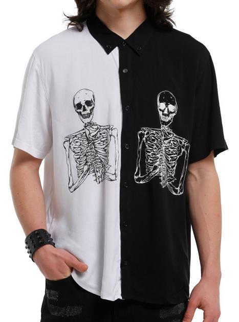 Black & White Skeletons Split Woven Button-Up | Hot Topic