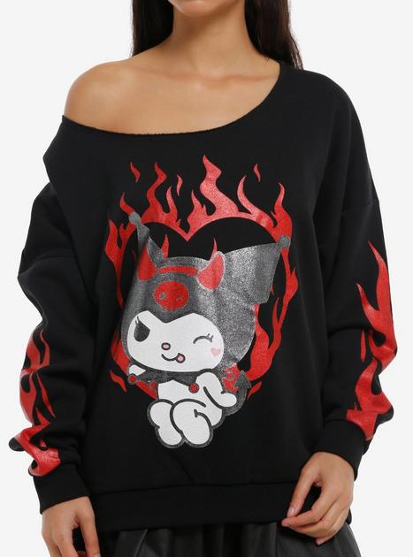 Kuromi Heart Glitter Flame Girls Off-Shoulder Sweatshirt | Hot Topic
