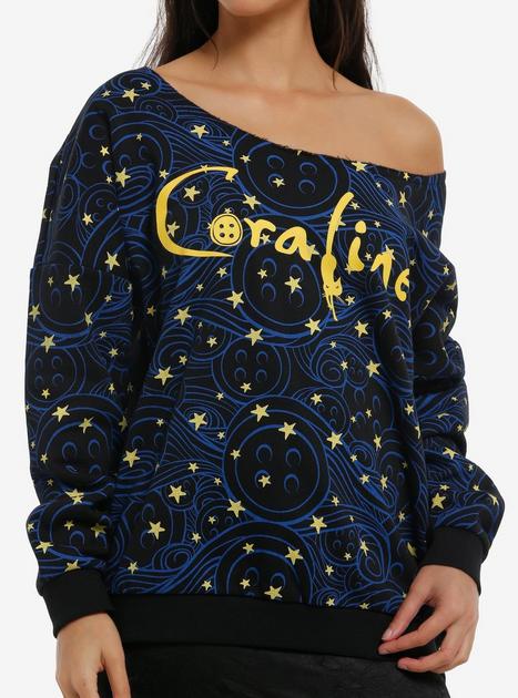 Coraline Button Girls Off-Shoulder Sweatshirt | Hot Topic