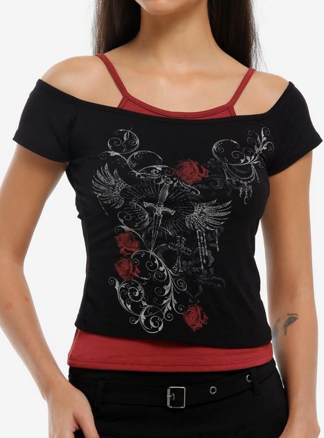 Filigree Sword Cold Shoulder Girls Twofer Top | Hot Topic