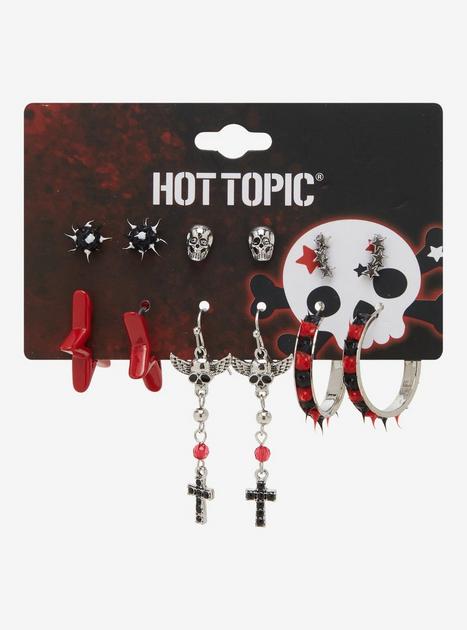 Black & Red Star Skull Spike Earring Set | Hot Topic