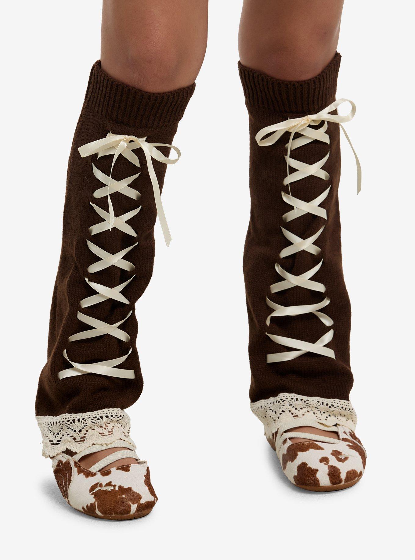 Brown & Cream Ruffle Lace-Up Leg Warmers | Hot Topic