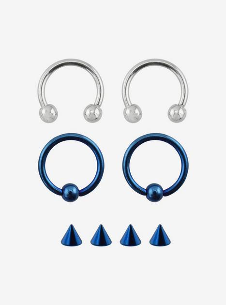 Steel Silver & Blue Circular Barbell & Hoop 4 Pack | Hot Topic