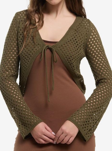 Olive Tie-Front Girls Knit Shrug | Hot Topic