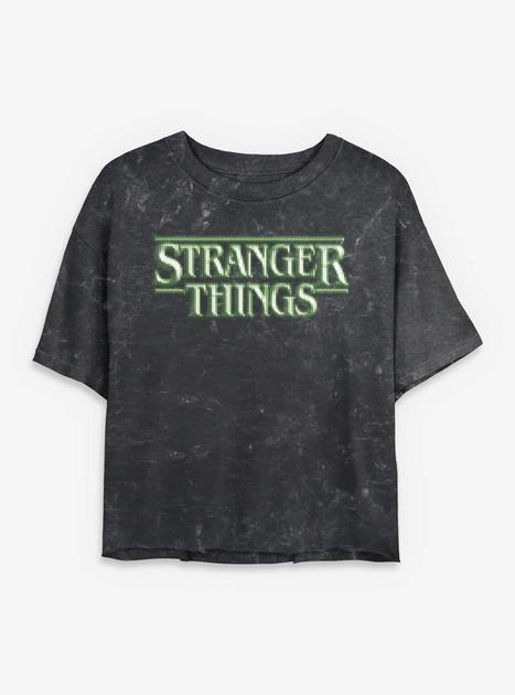 Stranger Things Green 8 Bits Logo Womens Mineral Wash Crop T-Shirt ...