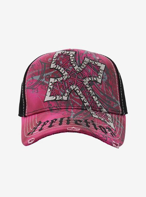 Affliction Pink Cross Rhinestone Trucker Hat | Hot Topic