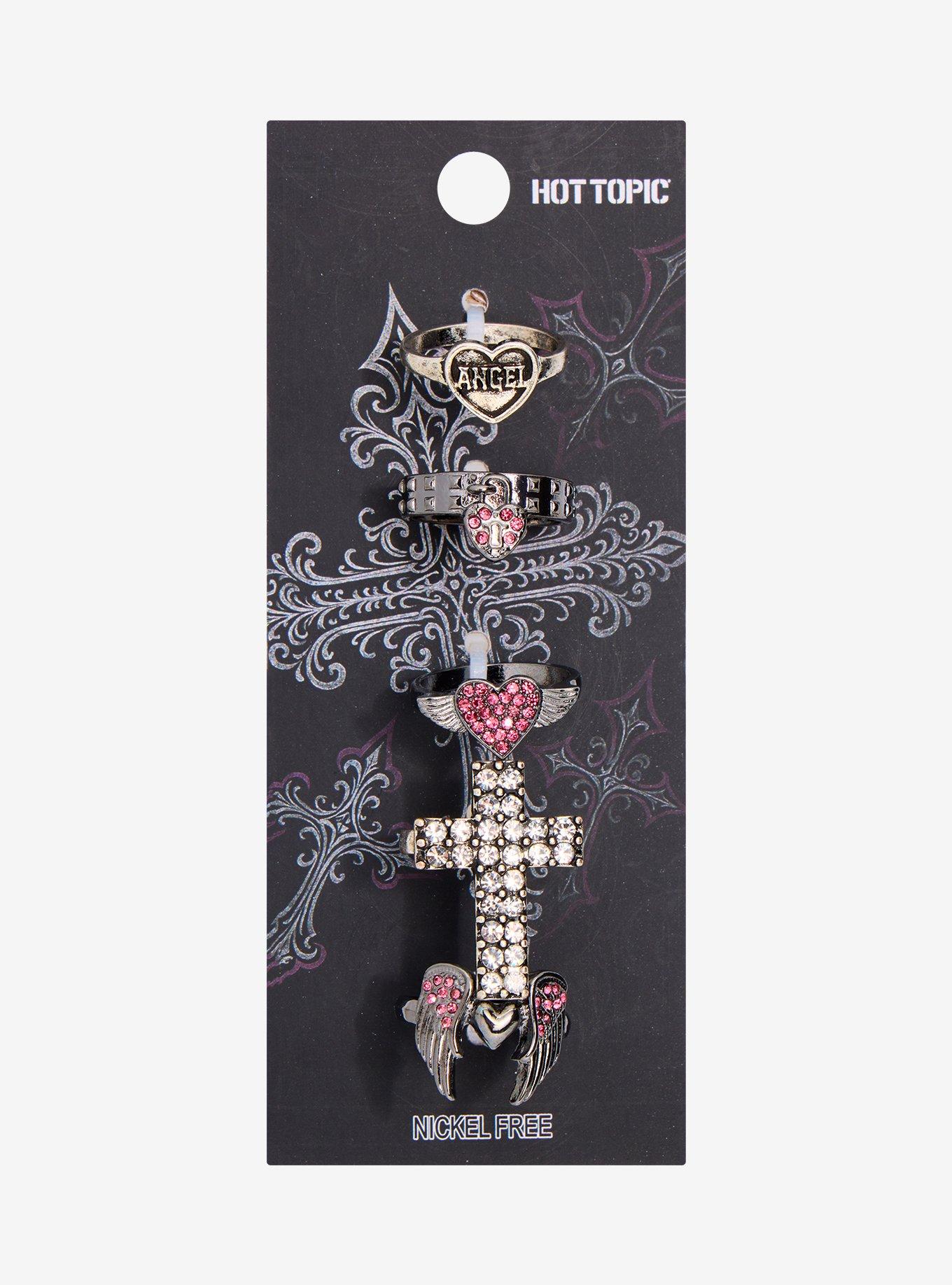 Angel Cross Heart Rhinestone Ring Set | Hot Topic