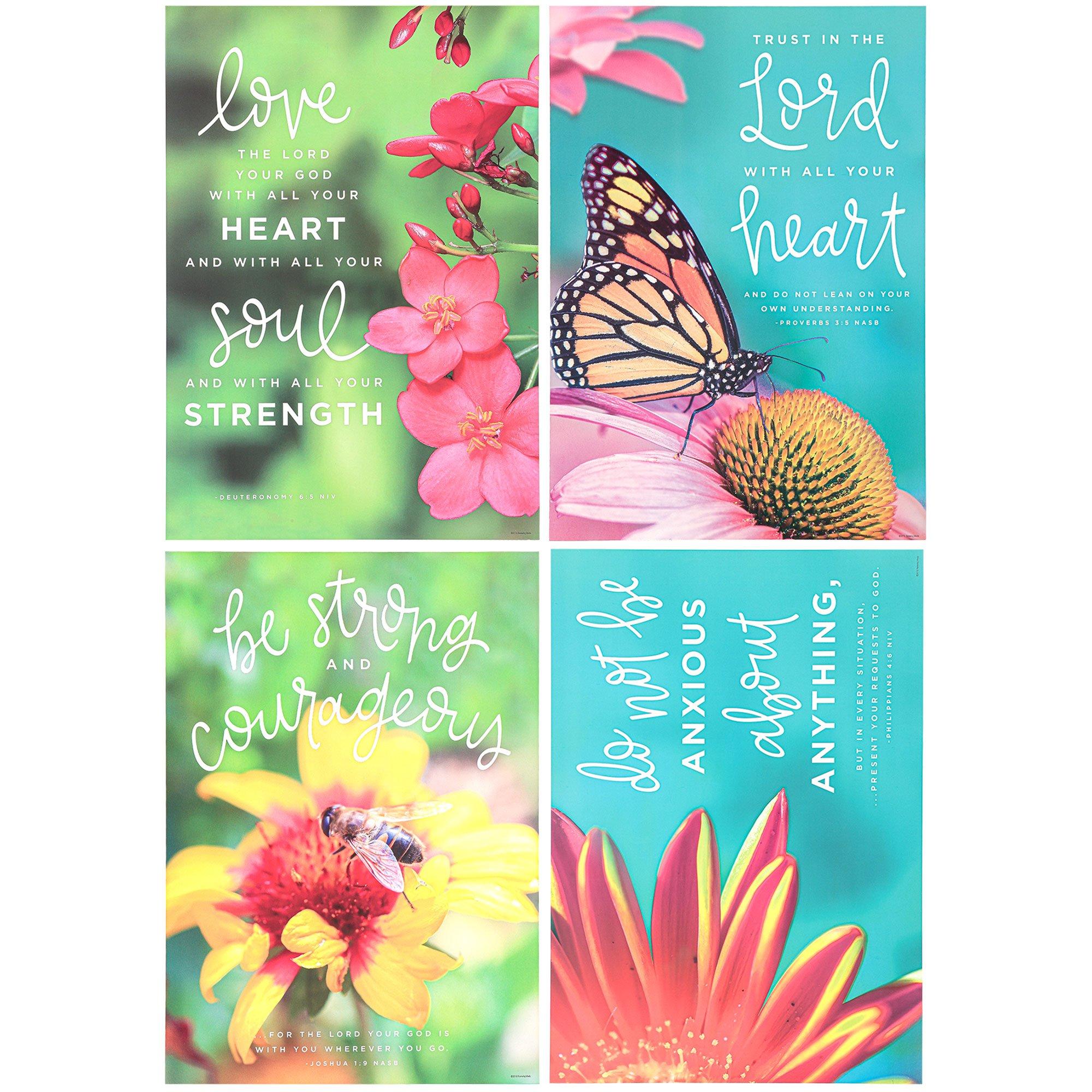 Flowers & Scripture Motivational Posters, 13.25 x 19 Inches, Set of 4 ...