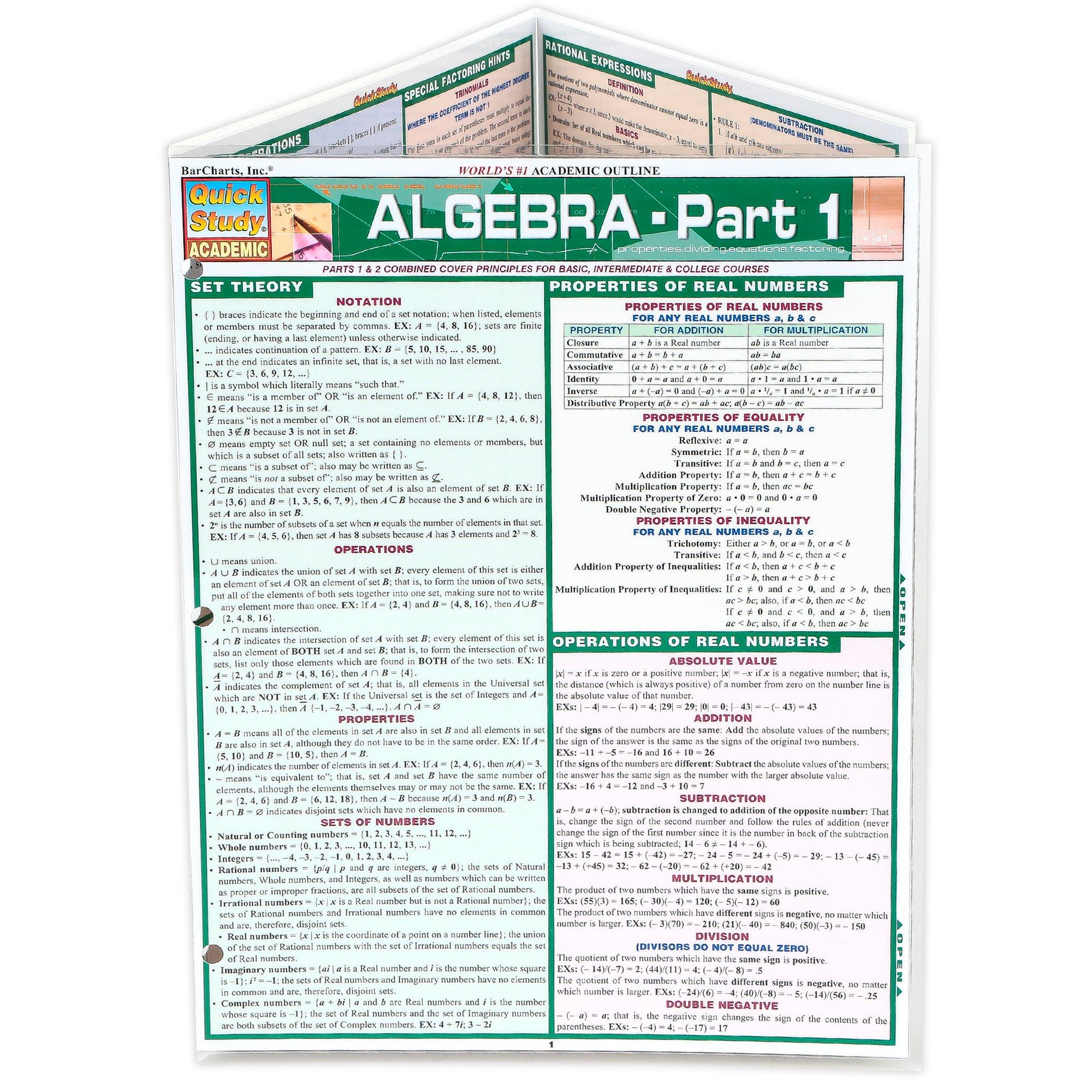 BarCharts Algebra Part 1 Laminated Quick Study Guide, Grades 7-12 ...