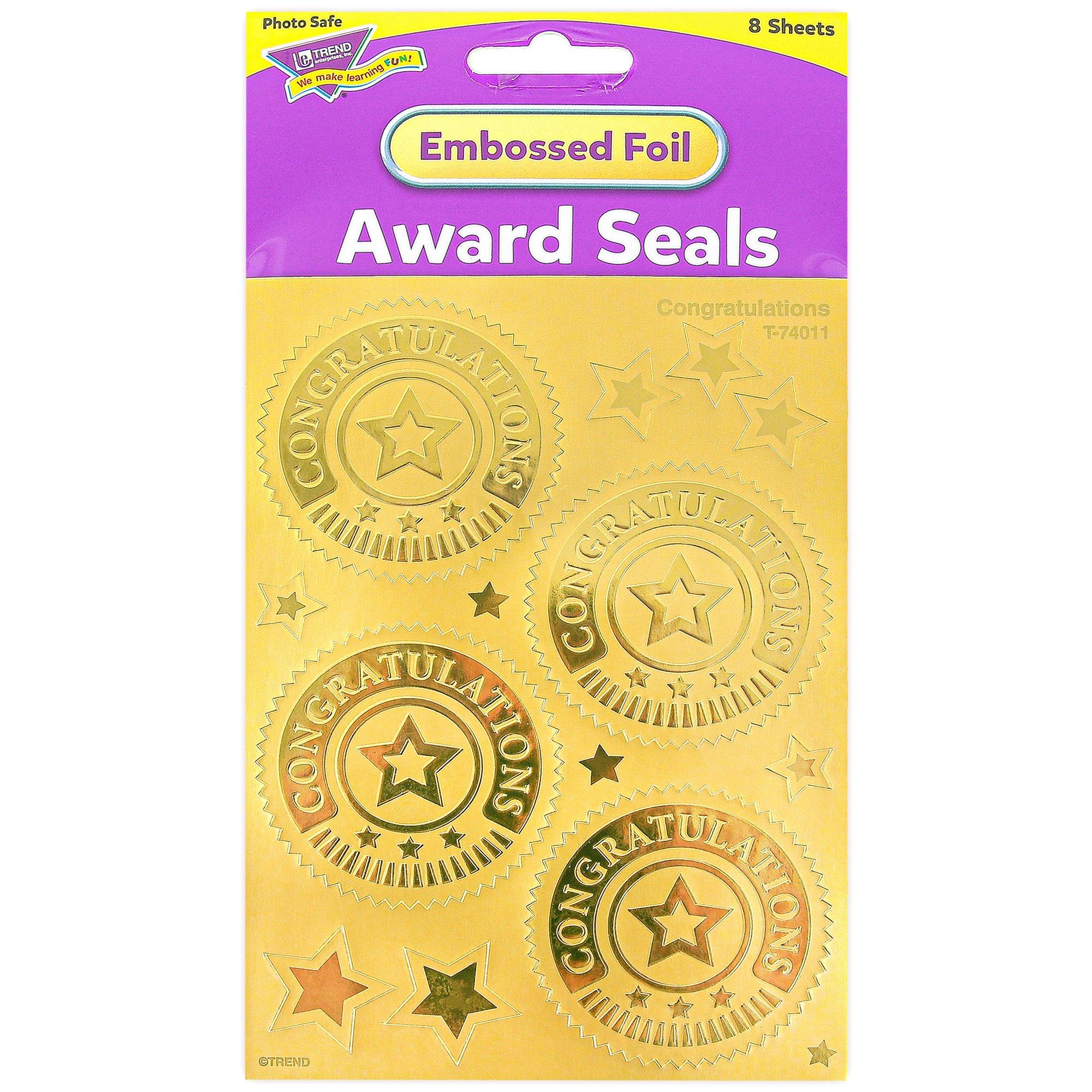 Congratulations Award Seals Stickers, Embossed Gold Foil, 32 Pack ...