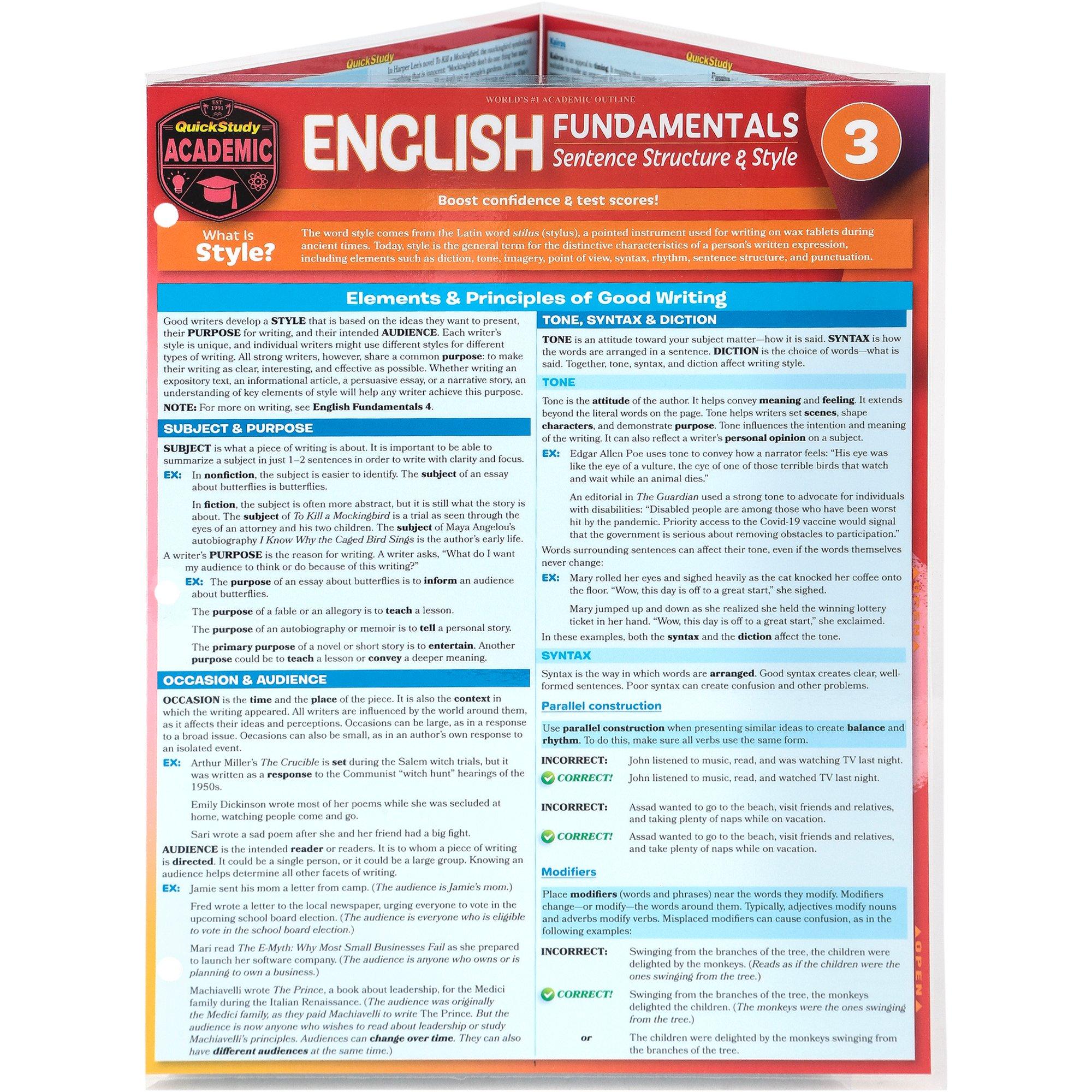 English Fundamentals Sentence Structure & Style 3 Quick Study Guide ...